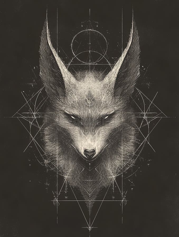 Monochrome Illustration of a Fox S Head Surrounded by Sacred Geometry ...