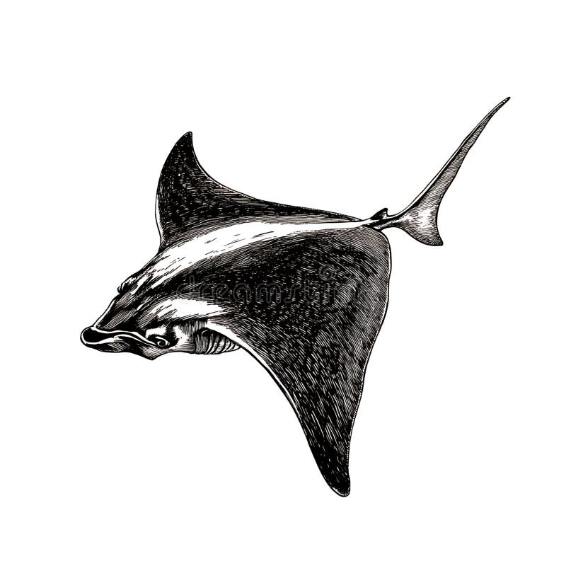 Monochrome Illustration of a Graceful Manta Ray in Motion Stock ...