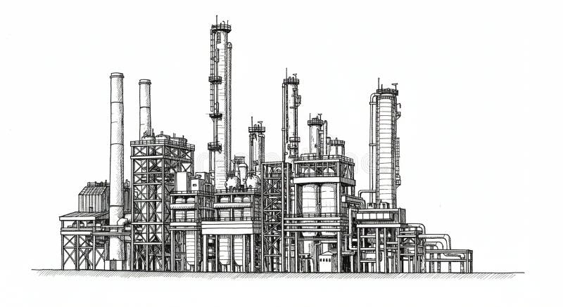 Monochrome Illustration of an Industrial Refinery Complex. Tall ...