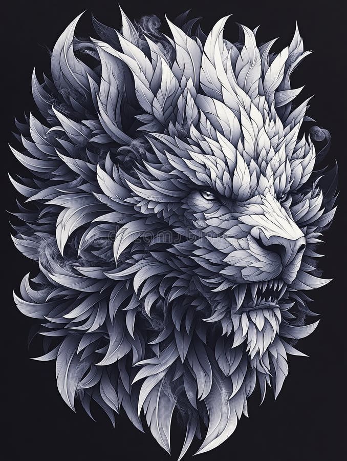 Monochrome Illustration of a Majestic Wolf-like Creature with Intricate ...