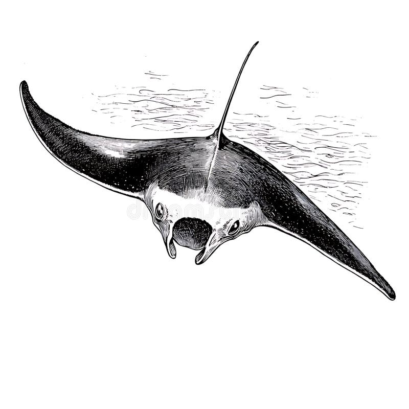 Monochrome Illustration of a Manta Ray Swimming Underwater Stock ...