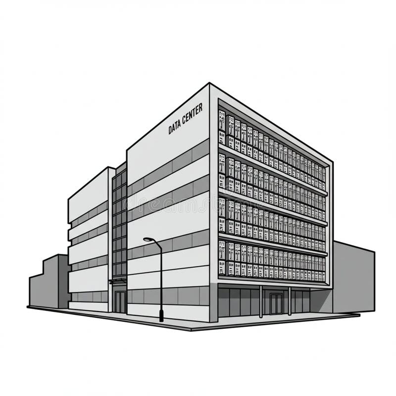 A Monochrome Illustration of a Modern, Multi-story Data Center Building ...