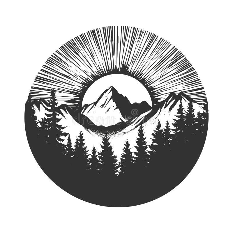 Monochrome Illustration of Mountains, Sun, and Trees in Circular Design ...