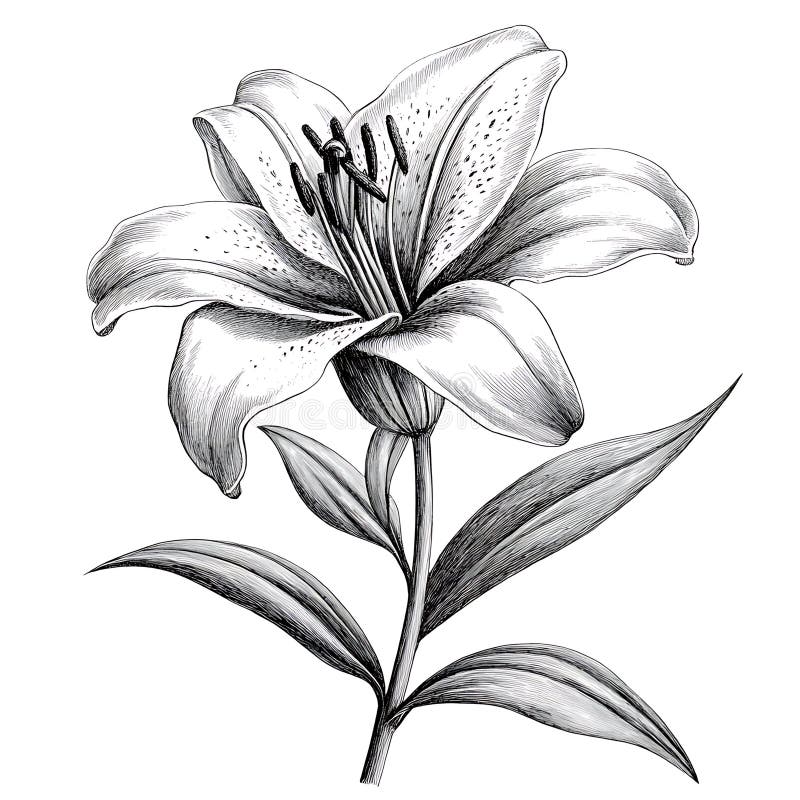 Monochrome Illustration of a Single Lily Flower with Stem and Leaves ...