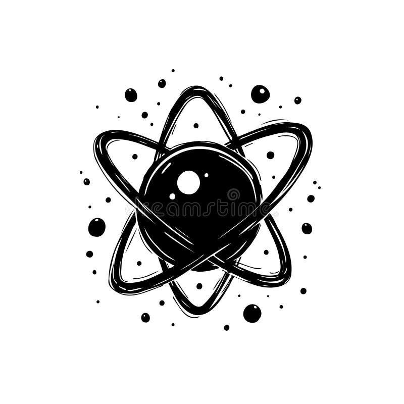 Stylized Atom Illustration with Orbiting Particles in Monochrome ...