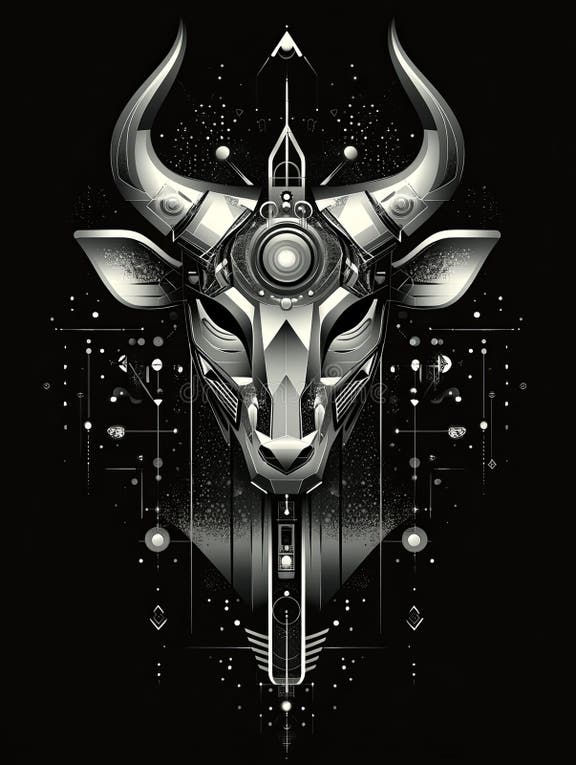 Monochrome Illustration of a Stylized Metallic Bull Head with Geometric ...