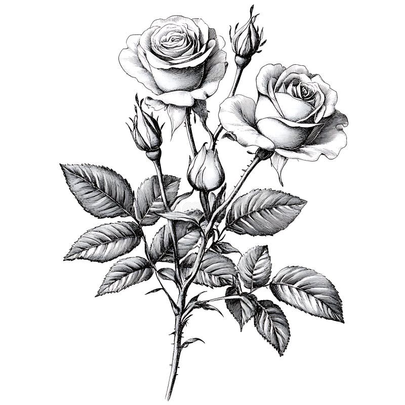 Monochrome Illustration of Three Roses and Leaves Stock Illustration ...