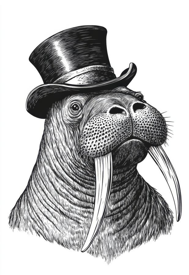 Monotone Walrus Portrait in Top Hat Stock Illustration - Illustration ...