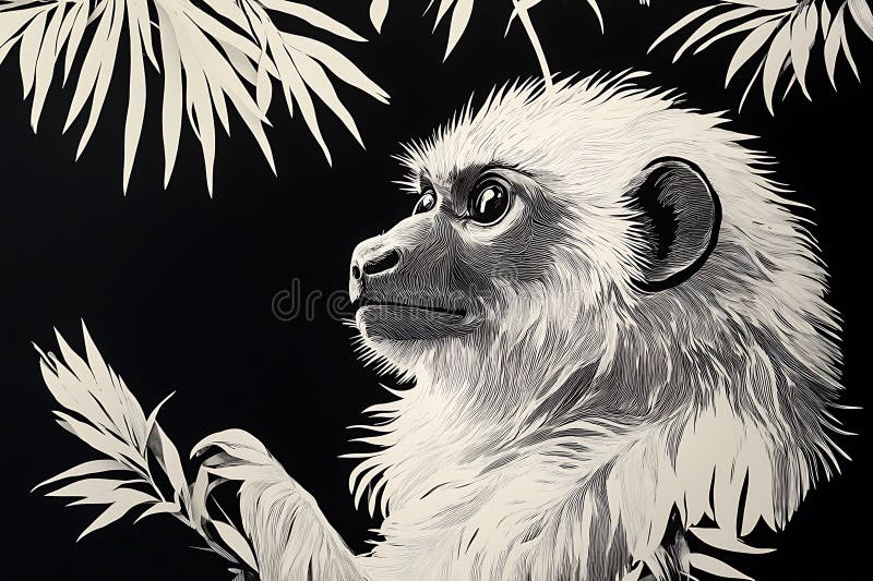 Monochrome Illustration of a Young Monkey Amidst Foliage Stock ...