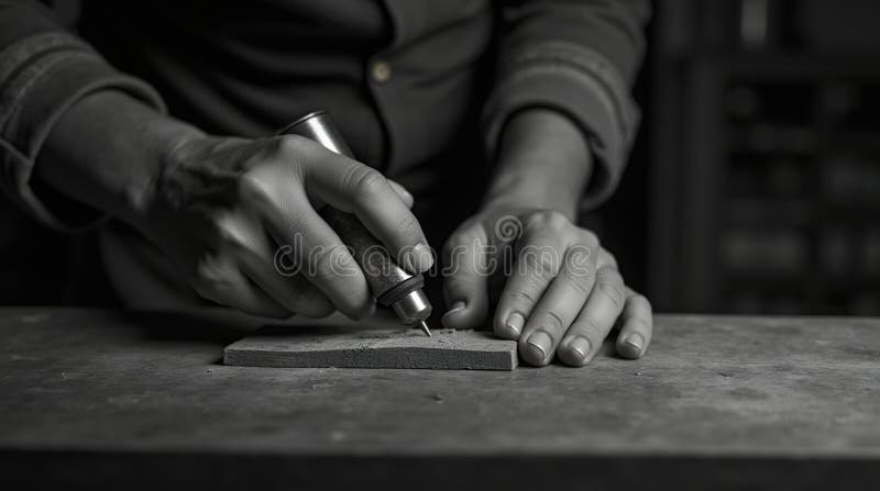 Monochrome Image of Artisan Crafting Using Precise Hand Tools on ...