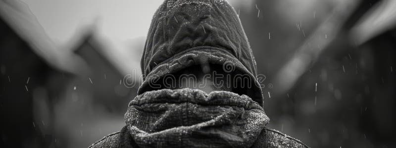 A Monochrome Image of an Individual in a Hooded Jacket, Face Concealed ...