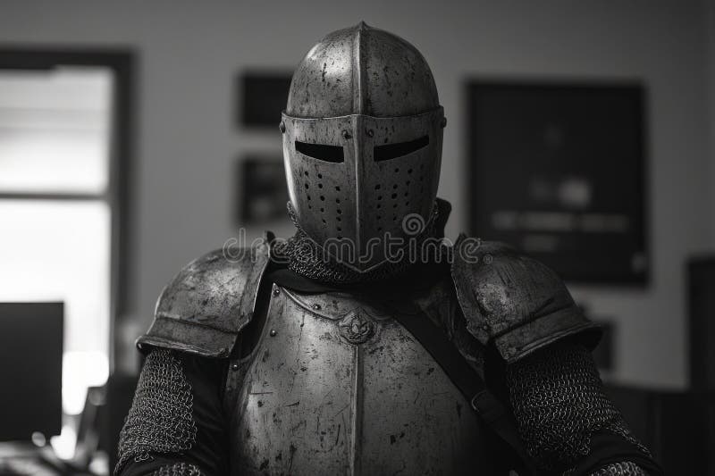 Monochrome Image of a Medieval Knight Wearing Full Plate Armor in a ...