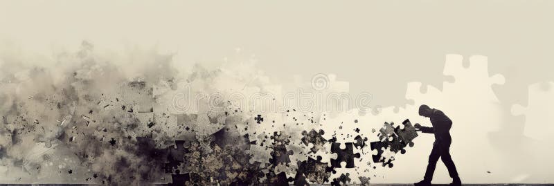 Monochrome Image of a Person Fitting a Puzzle Piece into Place. Concept ...