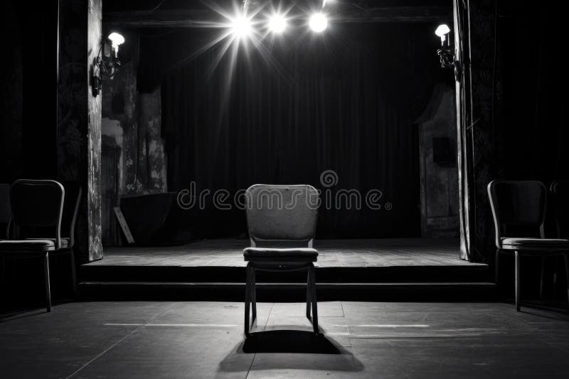 Monochrome Image of a Theatre Stage with an Empty Chair Stock Photo ...