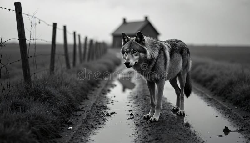 Wolf Standing on Muddy Path with Fence and House in Background Stock ...