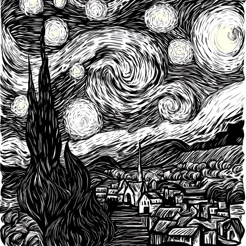 Monochrome Impressionist Night Sky Over Village Scene a Stylized ...