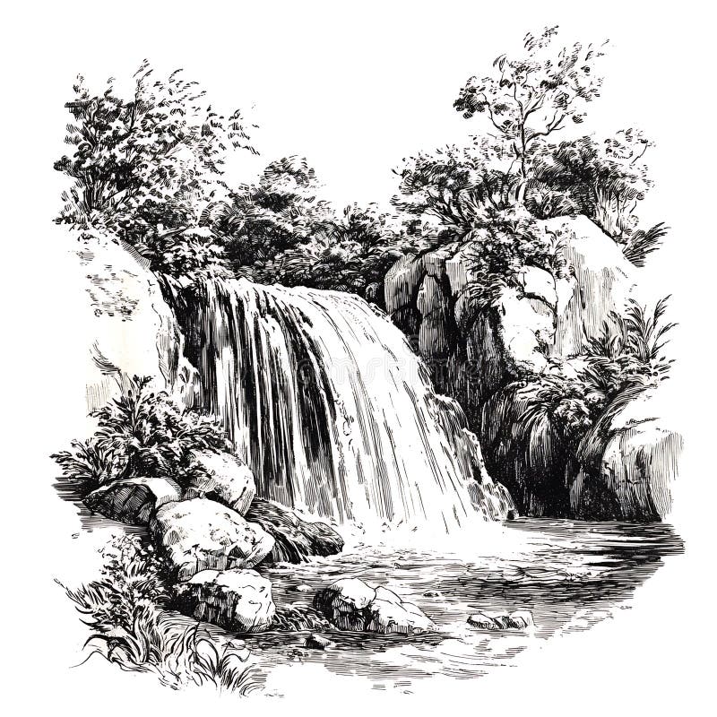 Ink Sketch Monochrome Ink Drawing of a Cascading Waterfall Flowing Over ...
