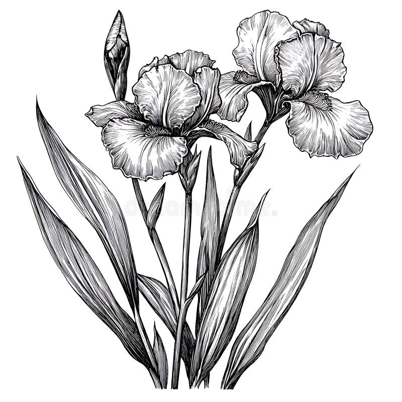 Monochrome Ink Drawing of Iris Flowers Stock Illustration ...