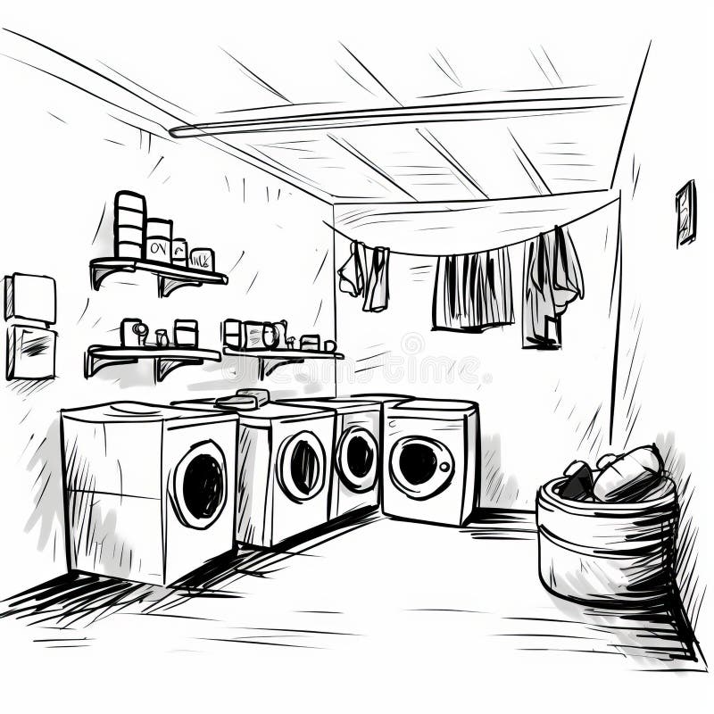 Noir-inspired Hand Drawn Laundry Room Illustration Stock Illustration ...