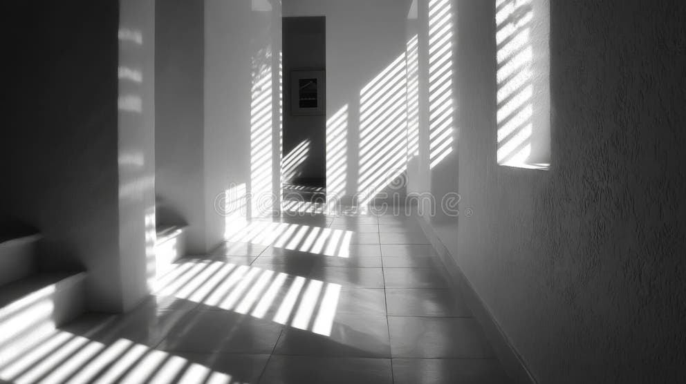 Monochrome Interior Hallway with Light and Shadow Patterns Stock ...
