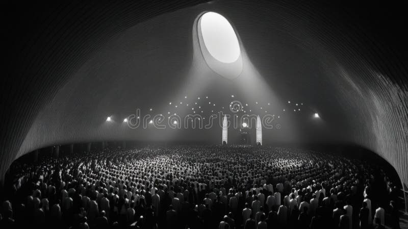 Monochrome Interior of a Large Hall with a High Oculus and a Crowd of ...