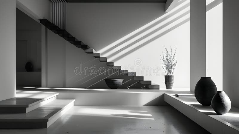 Monochrome Interior with Staircase Shadows. Created with Generative AI ...