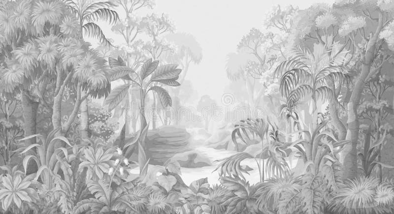 Monochrome Jungle Landscape. Vector Interior Print. Stock Vector ...