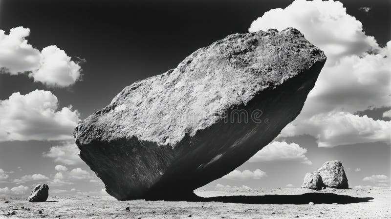 Monochrome Landscape with Balancing Boulder Under Clouds Stock Photo ...