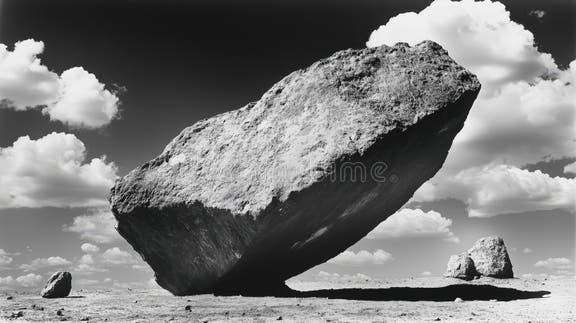 Monochrome Landscape with Balancing Boulder Under Clouds Stock Photo ...