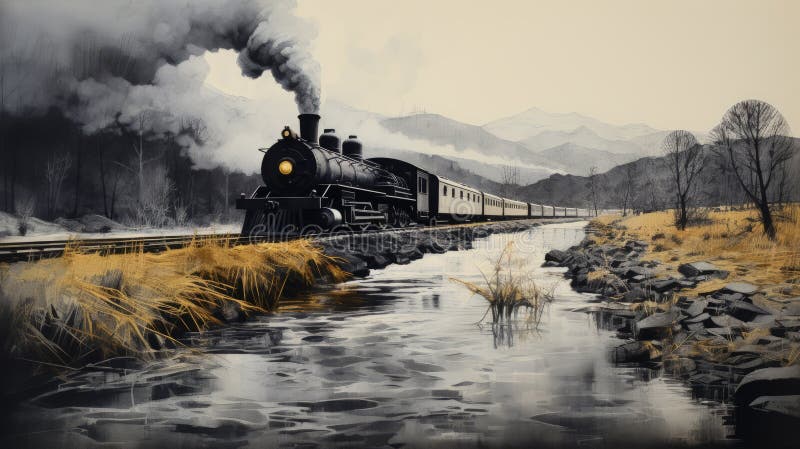 Monochrome Landscape: Steam Engine on Railroad Tracks by a Stream Stock ...