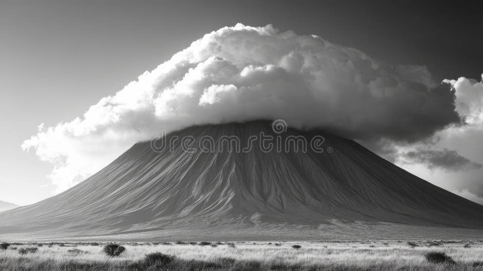 Monochrome Landscape of a Volcano Under a Large Cloud Stock ...