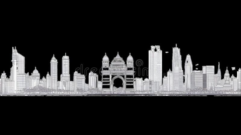 Monochrome Line Art Skyline of Mumbai Featuring Iconic Architectural ...