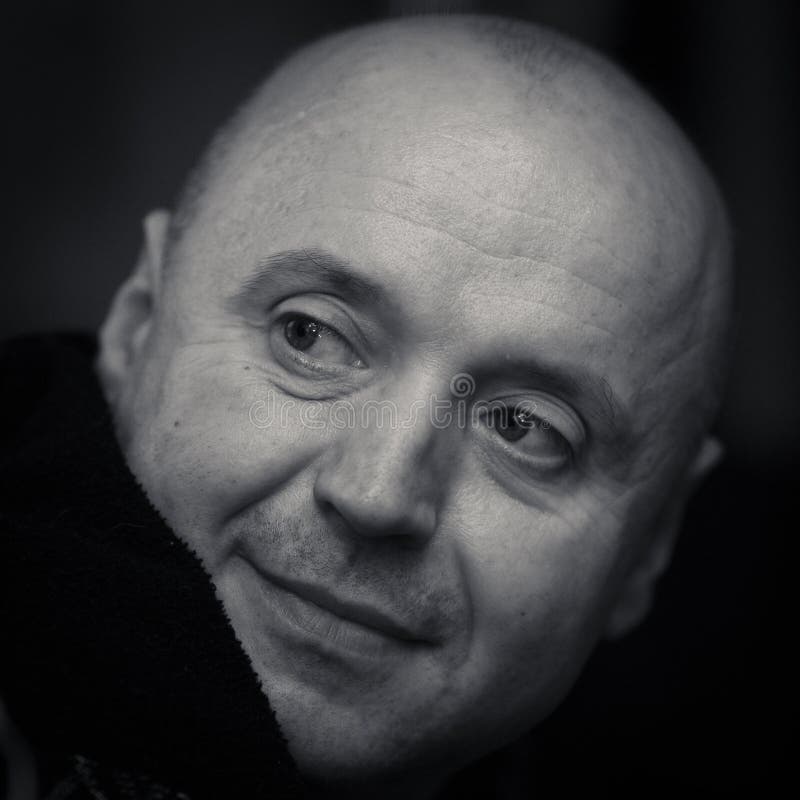 Monochrome Middleaged Bold Man Portrait Stock Photo - Image of happy ...