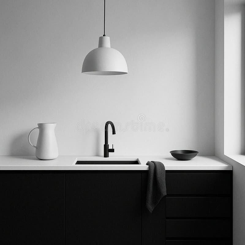 Monochrome Minimal Kitchen with Black and White Contrast Stock ...