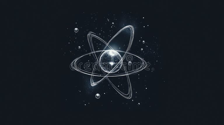 Monochrome Minimalist Illustration of an Atom with Orbiting Electrons ...