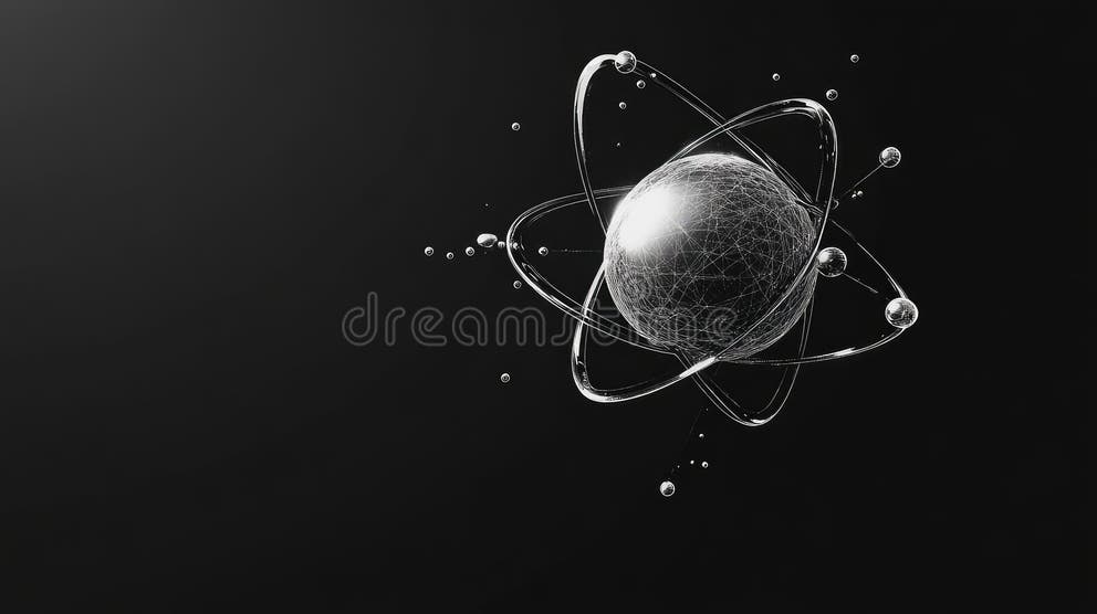 Monochrome Minimalist Illustration of an Atom with Orbiting Electrons ...