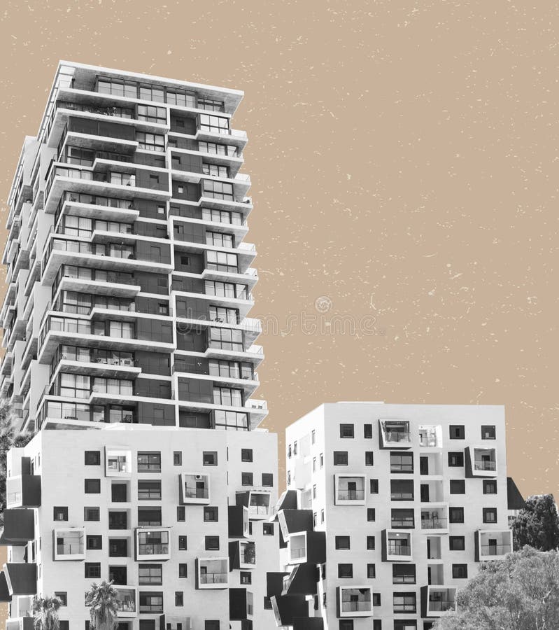Monochrome Modern Buildings Complex Collage on Retro Background Stock ...