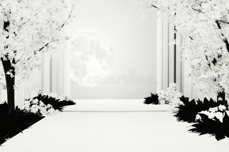 Monochrome Moonlit Garden with Trees and Pathway Stock Image - Image of white, trees: 344459507