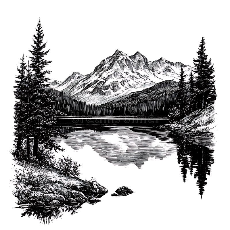 Monochrome Mountain Lake Reflection Drawing Ink Sketch Stock ...