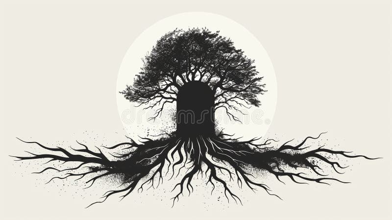 Monochrome Mystical Tree with Deep Roots and Ancient Stone Circle Stock ...