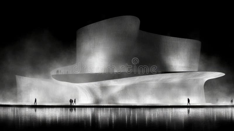 Monochrome Nighttime Architectural Rendering of Modern Building with ...