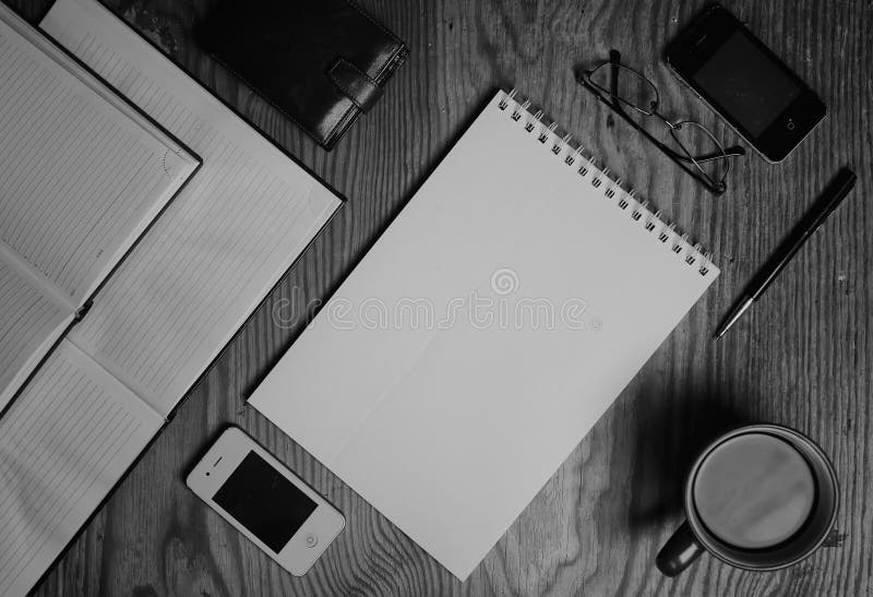 Monochrome Notebook Paper Writing Tools Stock Image - Image of coffee ...