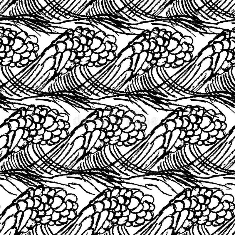 Monochrome Ocean Wave Doodle in Hand Drawn Style Seamless Pattern ...