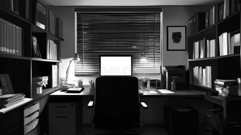 Monochrome Office Space with Computer and Bookshelves Stock ...