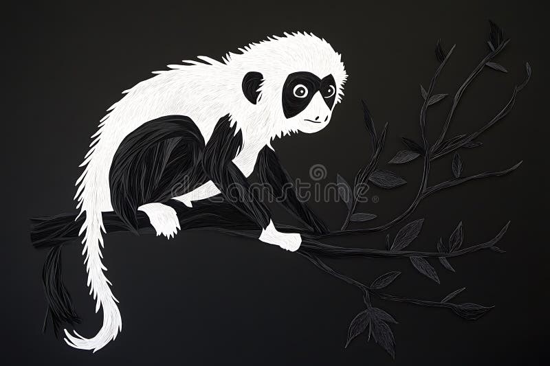 Monochrome Paper-cut Monkey on Branch Stock Illustration - Illustration ...