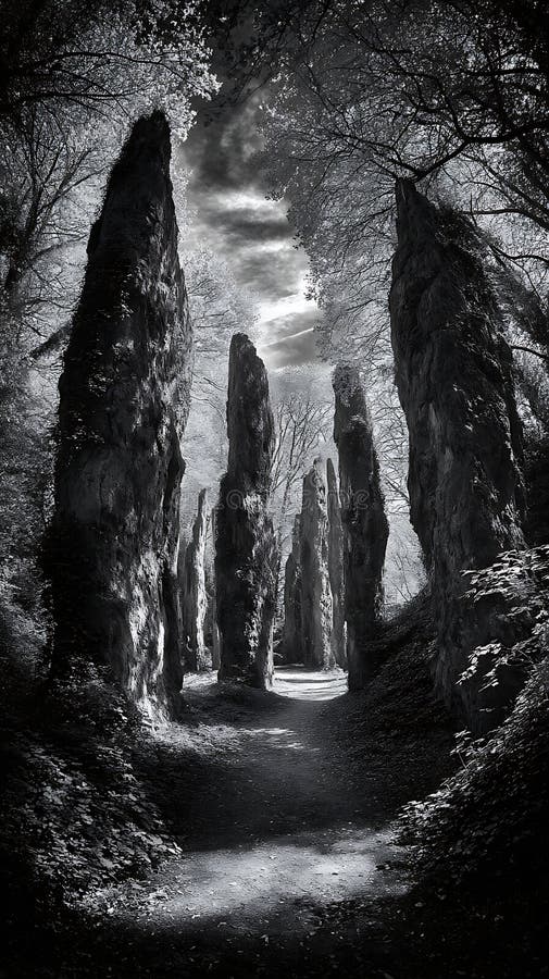 Monochrome Pathway through a Mystical Forest of Tall Slender Stone ...
