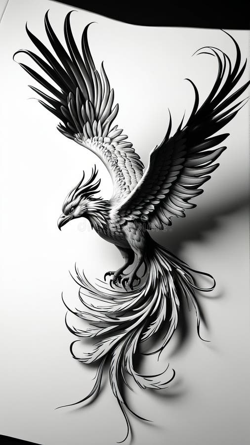 Monochrome Phoenix in Flight: Elegant Black and White Illustration of a ...