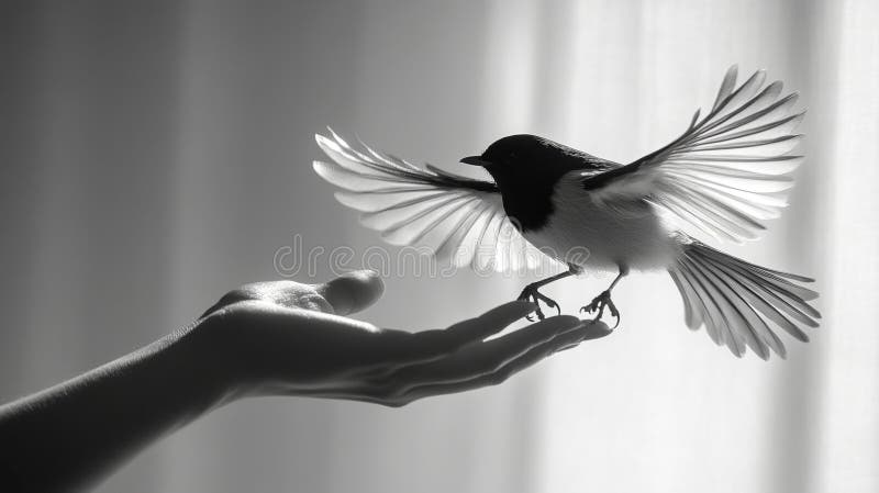 Monochrome Photo of a Small Bird Landing on an Outstretched Hand Stock ...