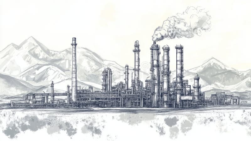 Monochrome Refinery Sketch. Industrial Landscape with Mountains Stock Illustration ...