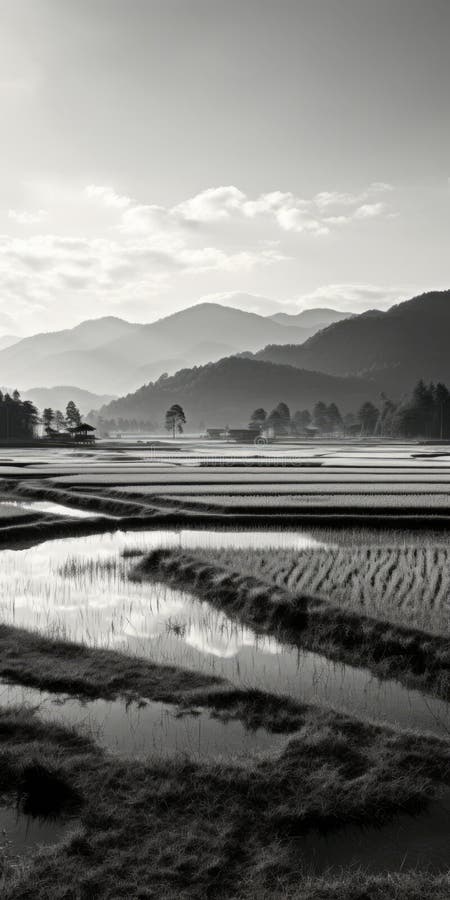 Monochrome Rice Fields Surrounded by Majestic Mountains Stock ...